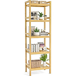 Homykic Bamboo Bookshelf, 5-Tier Narrow 55.9” Adjustable Book Shelf Bookcase Bathroom Shelves Freestanding Storage Stand for Living Room, Bedroom, Kitchen, Rust Resistance, Easy Assembly, Natural