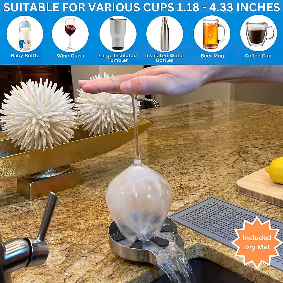 Rinzer Automatic Sink Glass Rinser for Kitchen Sink with Drying Mat - Stainless Steel Spot Free Finish - Bar Glass Washer For Kitchen Sink - Sink Cup Washer for Sink - Sink Cup Rinser for Sink