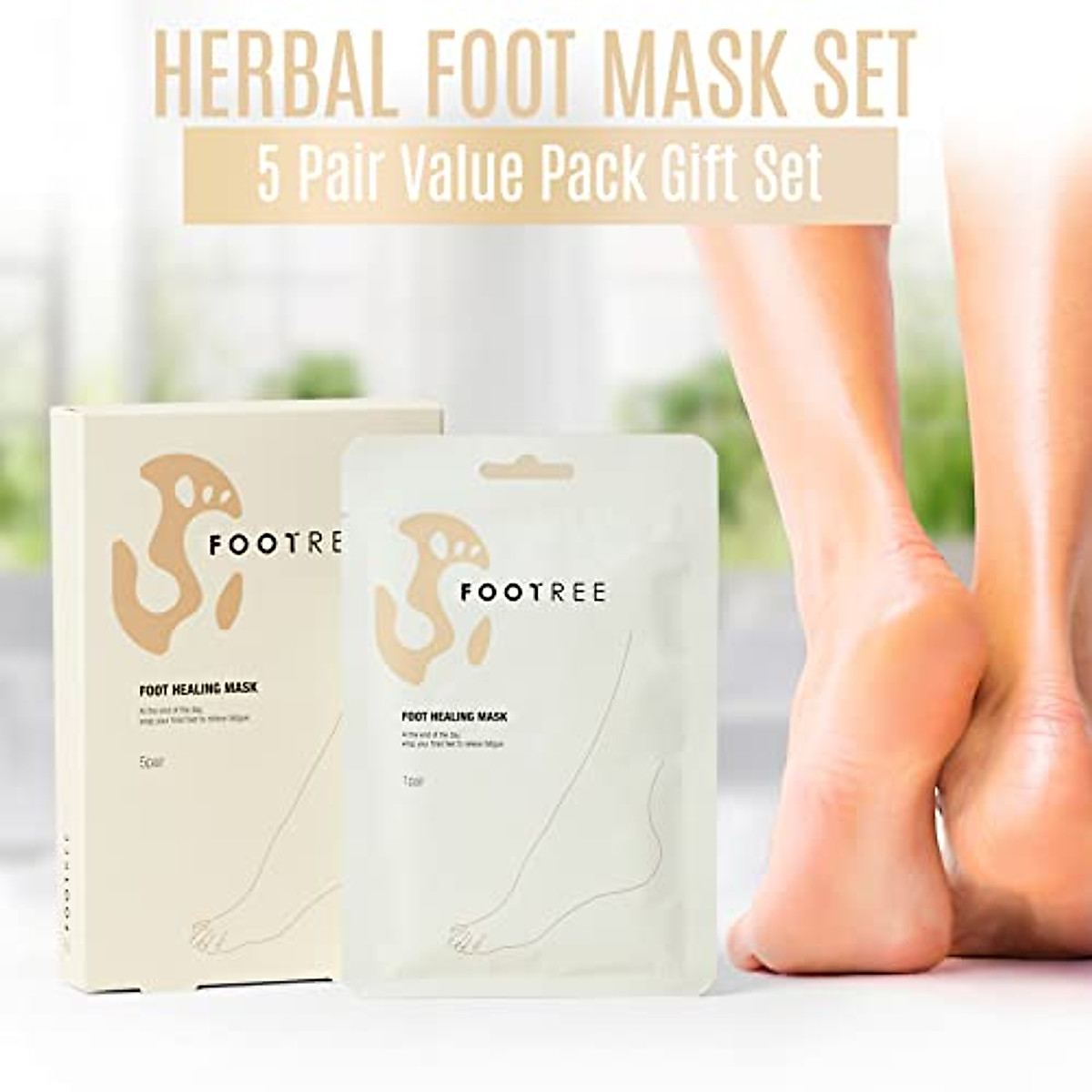 FOOTREE Moisturizing Foot Mask Socks Hydrating Anti-Fatigue Stress Relief Self Care Pedicure Sockies 5 Pair Pack Healing Feet Booties with Exfoliating Kombucha, Energizing Citrus, Natural Bamboo