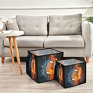 Blueangle Water Fire Football Cube Storage Bin with Handles, 10.6 x 10.6 x 10.6 in, Large Collapsible Organizer Storage Basket for Home Décor（1031）