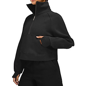 LASLULU Womens Fuzzy Cropped Sweatshirt Hoodies Sport Athletic Zip Up Stand Collar Sweater Fleece Lined Fall Sweatshirt Long Sleeve Pullover Tops Pockets(Black Medium)
