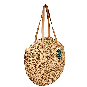 YXQSED Round Woven Bag - Summer Beach Bags Straw Handwoven Singleshoulder with Leather Handles，Zipper（Khaki） L