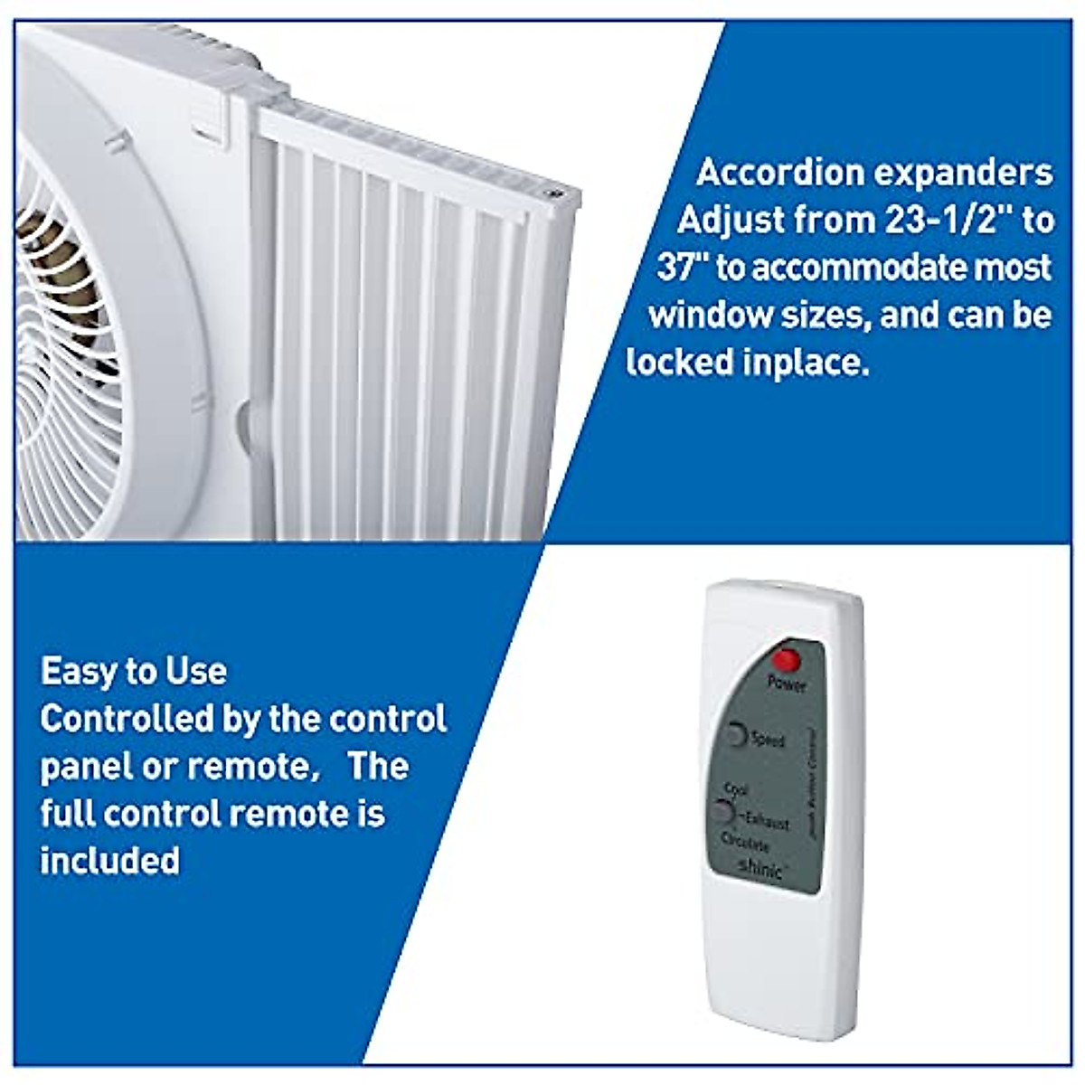 shinic 9" Blades Twin Window Fan with Reversible Airflow, Remote Control, 3 Speeds, 3 Functions, Bathroom Kitchen Exhaust Fan, Width Adjustable (From 23.5" to 37") ETL Certified Small Window Fan