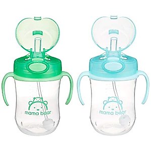 Amazon Brand - Mama Bear Weighted Straw Sippy Cup, Pack of 2, Blue/Green