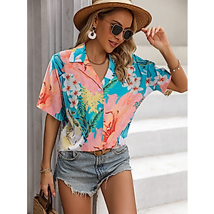 Hawaiian Shirts for Women Soft Cool Summer Hawaiian Shirt Floral Tropic Print Tees V Neck Button Up Short Sleeve Top Pink Blue