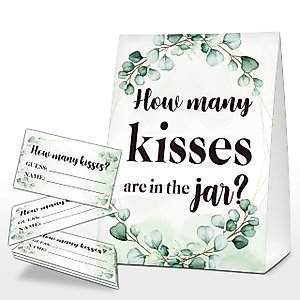 Eyouyeqi How Many Kisses Are In The Jar Sign, Greenery Bridal Shower Game, Eucalyptus Baby Shower Sign & Tickets, Wedding/Engagement Party Supplies Decorations - (1 Sign + 50 Guessing Cards) - 08