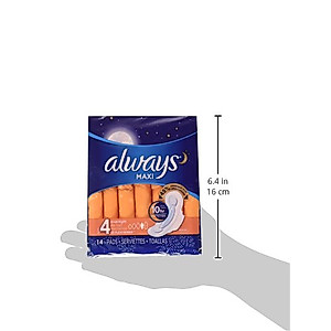 Always Maxi Size 4 Overnight Pads for Women, with Wings,Unscented, 14 Count - Pack of 4 (56 Count Total)
