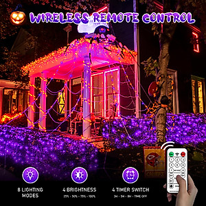 JMEXSUSS Purple Solar Halloween Lights Outdoor, 320 LED 9.8ft x 6.6ft Solar Net Lights Outdoor Waterproof, Purple Solar Lights with 8 Modes Remote for Halloween Decorations