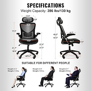 VEVOR Office Chair, High Back Ergonomic Desk Chair with Adjustable Lumbar Support & Headrest, 2D Armrest, Polypropylene Chair for Home Office, Black, 286 lbs Capacity