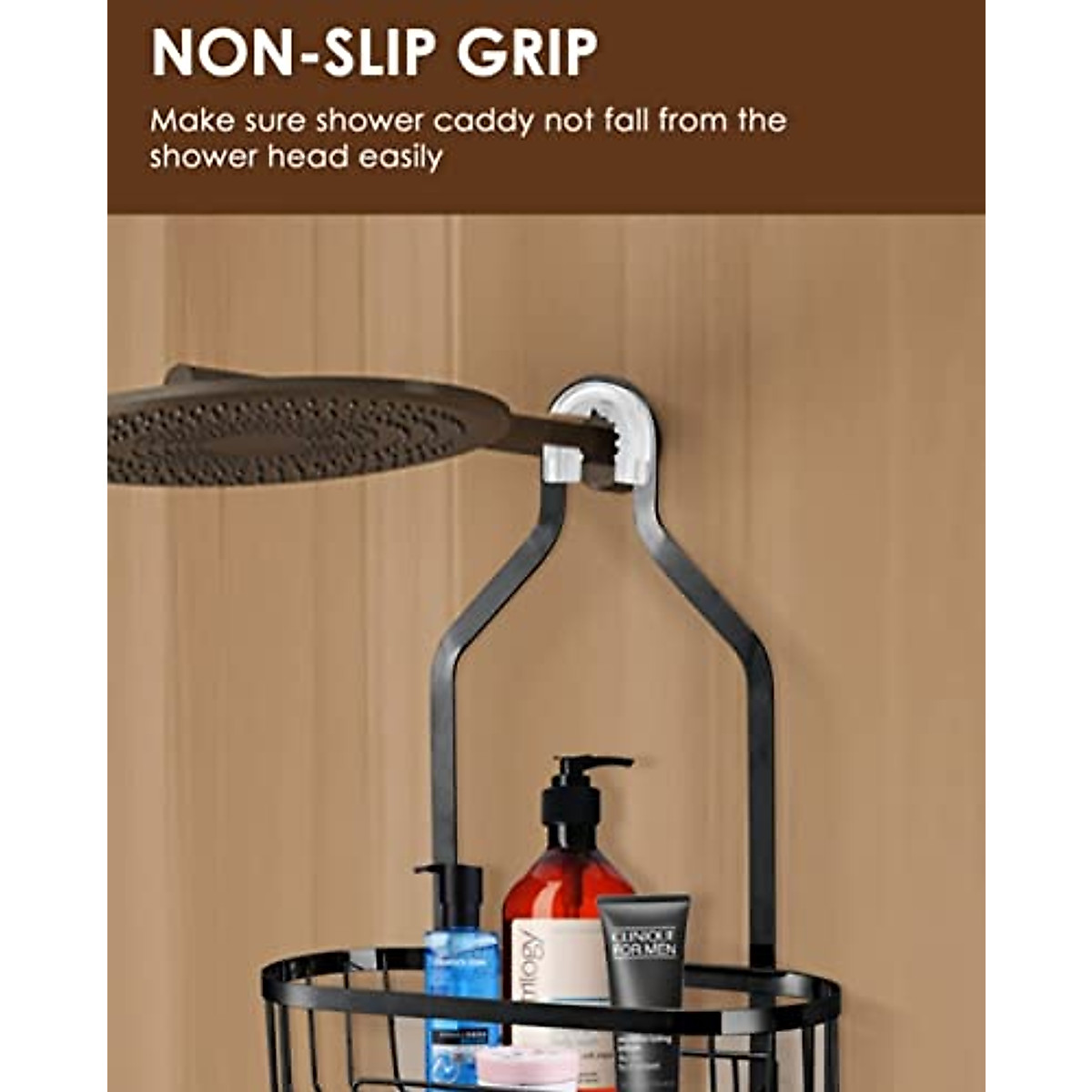 Innovatronic Bathroom Hanging Shower Organizer, Over Head Shower Caddy Basket with Hooks for Razor and Sponge, Rustproof, Anti-Swing (Black)