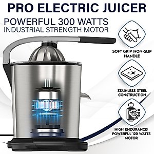 Eurolux Electric Citrus Juicer Power Pro - ELCJ-3000 - with 300 Watts of Power, This is The Most Powerful Juicer, for an Easy Smooth Juicing Experience | with Its New Updated Design