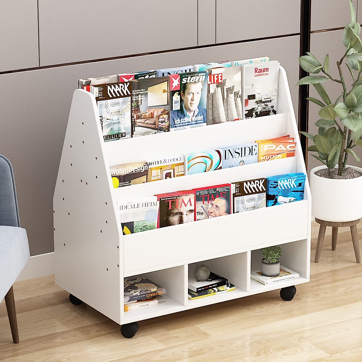 MIN WIN Double Sided Mobile Bookcase Display Stand,4-Shelf Wood Open Book Shelf with 3 Cube Units, Sling Storage Bookshelf Wide Magazine Shelf for Offices, Library,Schools,White