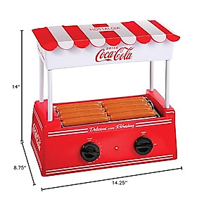 Nostalgia Coca-Cola Hot Dog Roller Holds 8 Regular Sized or 4-Foot-Long Hot Dogs and 6 Bun Capacity, Stainless Steel Rollers, Perfect For Breakfast Sausages, Brats, Taquitos, Egg Rolls, Red/White