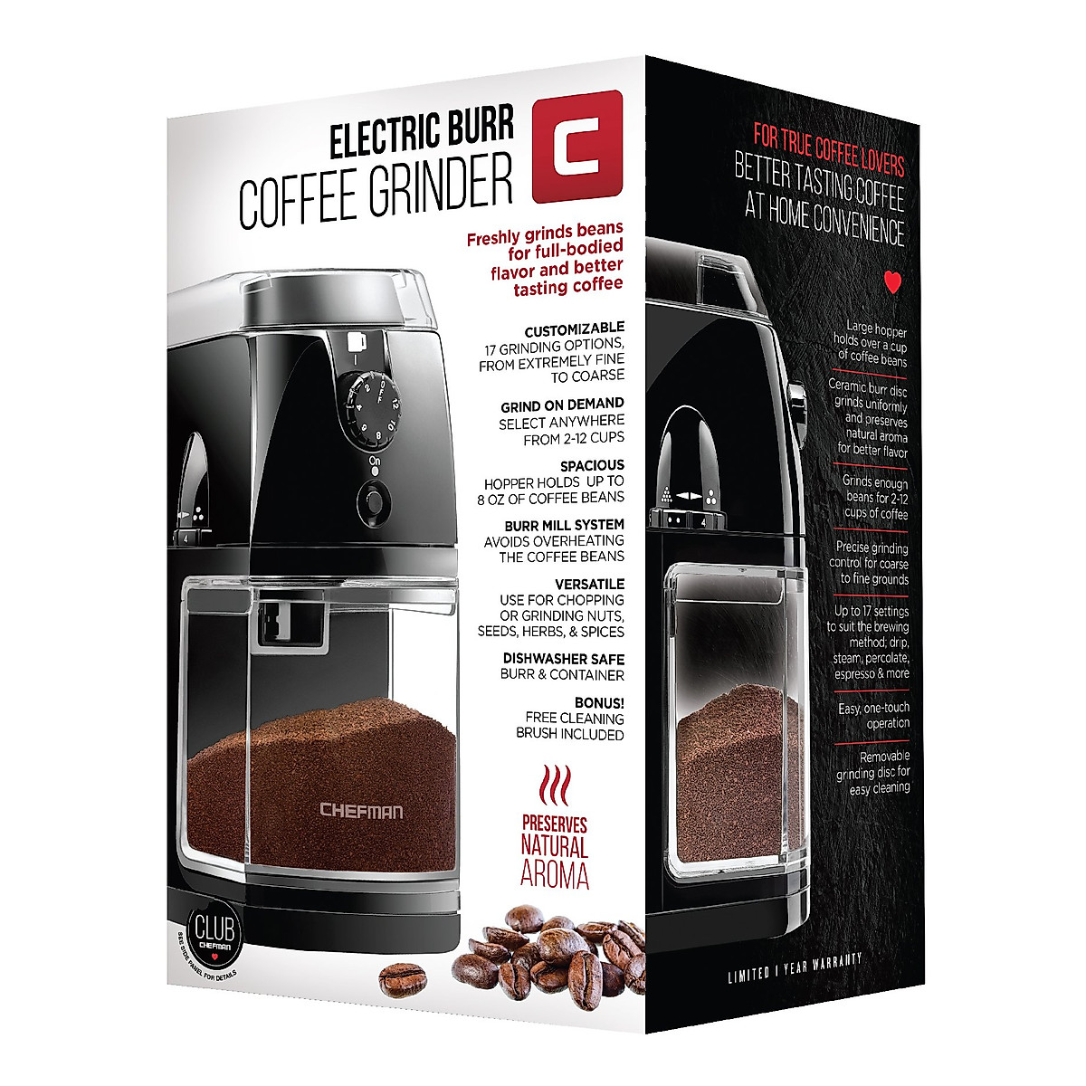 Chefman Coffee Grinder Electric Burr Mill - Freshly Grinds Up to 2.8oz Beans, Large Hopper with 17 Grinding Options for 2-12 Cups, Easy One Touch Operation, Cleaning Brush Included, Black