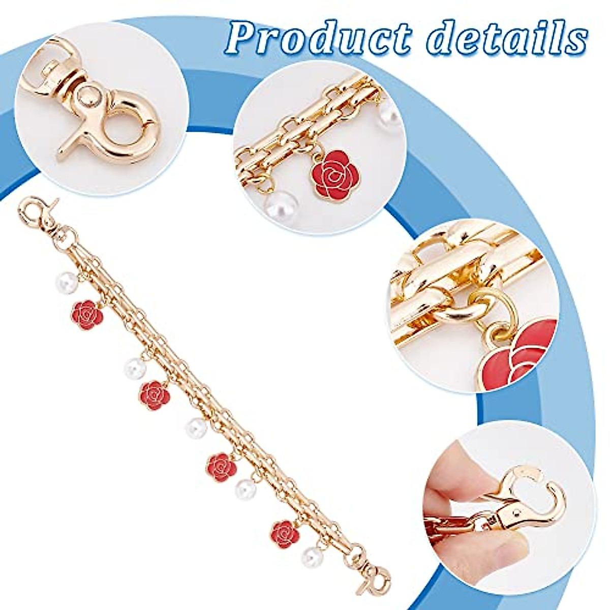 PH PandaHall Flower Bag Chain, 2pcs 9.8 Inch Purse Extender Decorative Bag Strap Golden Alloy Bag Chain Strap with Pearls Enamel Replacement Handle Bag Chain Straps Charms for Crossbody Shoulder Bag