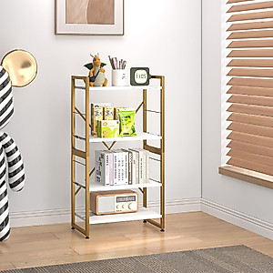 Azheruol 4 Tiers Bookshelf Adjustable White Faux Marble Organizer, Modern Small Bookcase for Small Space,Industrial Wooden Storage Display Rack and Storage Organizer for Living Room Home Office(Glod)