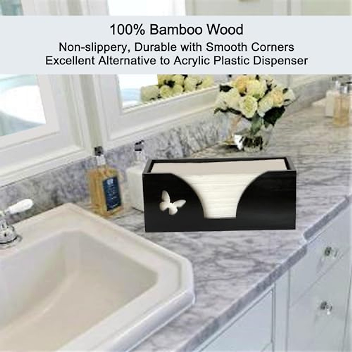 Countertop Paper Towel Dispenser with Engraved Butterfly in Black Bamboo – Compatible with C Fold, Multifold, Trifold & Z Fold Hand Napkins Folded Size 10.5" x 4.0" Or Smaller (Black)