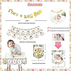 Fiesec Wild One Birthday Decorations Girl, Jungle Safari Animal Theme 1st Party Decorations Backdrop Balloons Leaves Monthly Photo Highchair Banner Box Cutout Cake Topper Crown Poster Pink 127 PCs