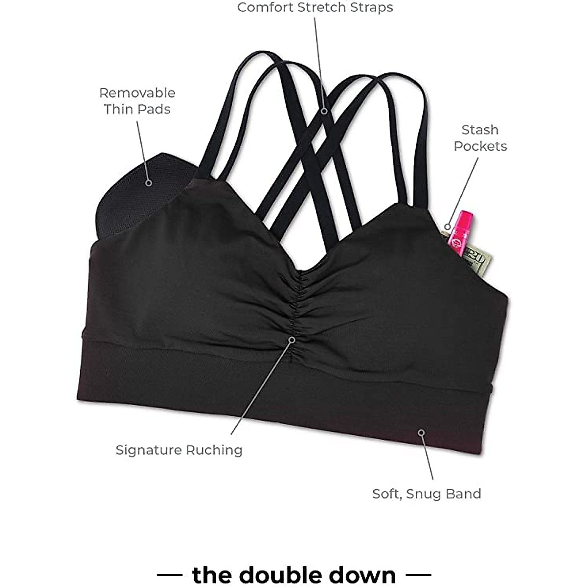 Handful Double Down Women's Medium Impact Sports Bra, Removable Pad Inserts, Wire Free, Cross Back, Strappy Yoga Bra, Smoke Show, Small