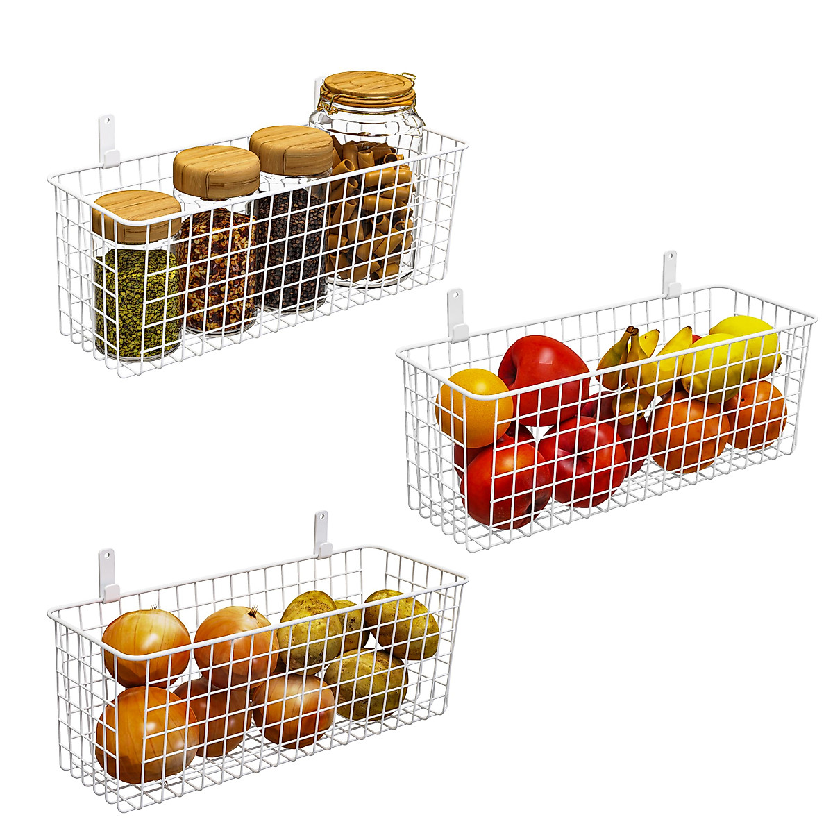 Joben Oligey 3 Set [Extra Large] Hanging Wall Wire Baskets, Farmhouse Food Storage Kitchen Pantry Laundry Closet Garage RV, White