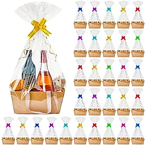Tuanse 30 Pcs Christmas Basket for Gift Empty DIY Bulk Gift Basket Kit with Handle Kraft Cardboard Tray with 30 Bag 30 Bow Market Tray for Birthday Wedding Party Gift(Brown,12.6 x 9.8 x 5.9 in)