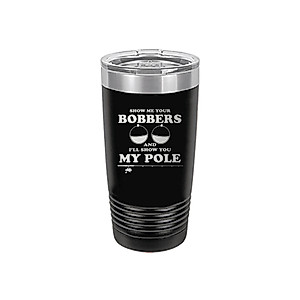 Rogue River Tactical Large Funny Fishing 20 Ounce Travel Tumbler Mug Cup w/Lid Bobbers and Pole Joke Fishing Gift Fish Black