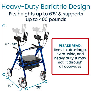 Vive Bariatric Upright Walker with Seat - Heavy Duty Senior Stand Up Rollator, Extra Wide Frame - Padded Armrest & Backrest -Mobility Aid Portable Rolling Walker with Bag - Fits Tall & Large People