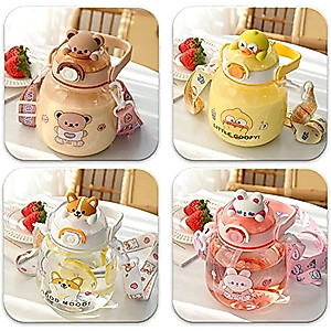 NioiiLife Kawaii Water Bottle with Handle Shoulder Strap & Straw for Carrying Leakproof Cute Animal-Themed Large Drinking Jug 1.3L (Corgi)