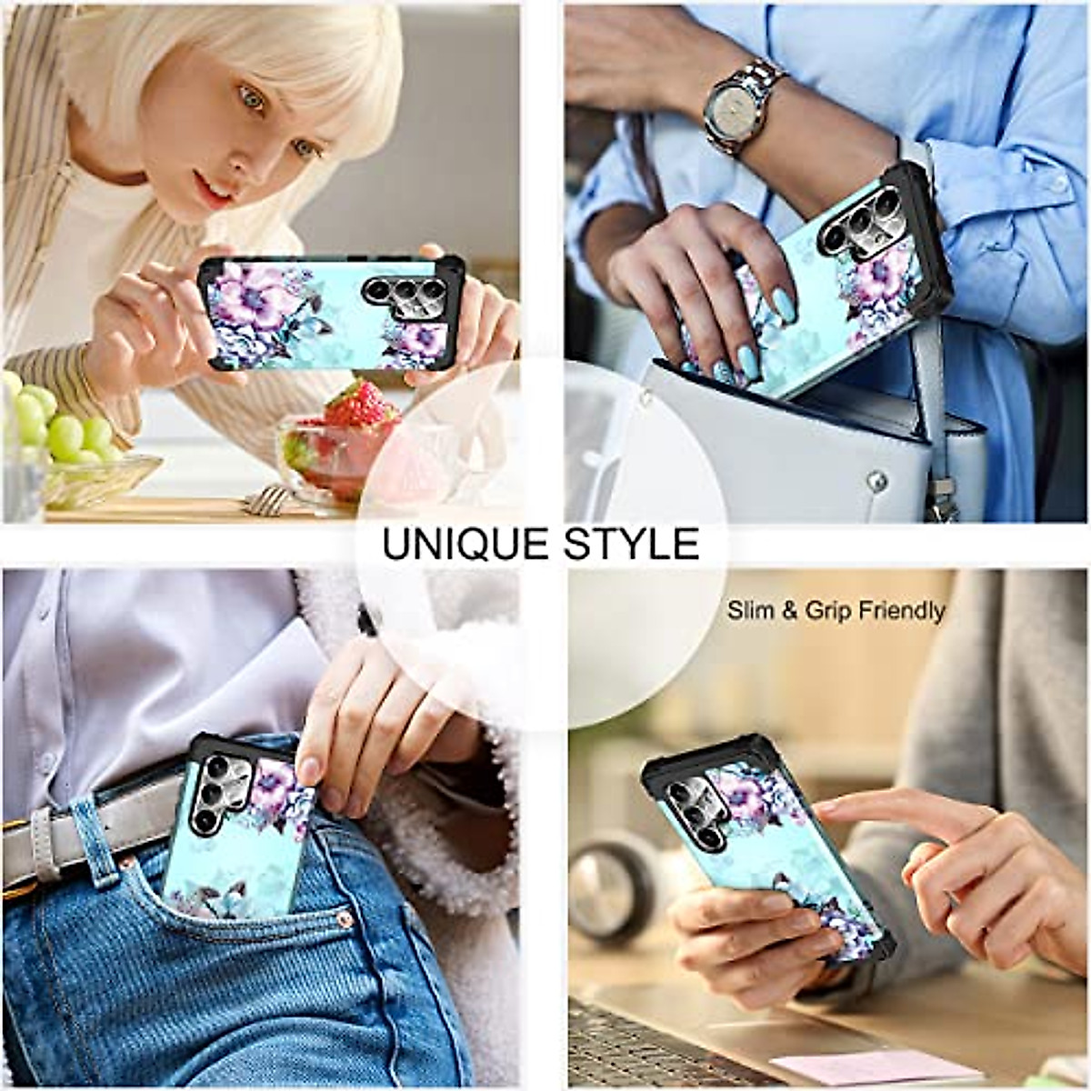 Casetego Compatible with Galaxy S23 Ultra 5G Case,Floral Three Layer Heavy Duty Sturdy Shockproof Full Body Protective Case with 2 Pack Camera Lens Protector for Samsung S23 Ultra,Blue Flower