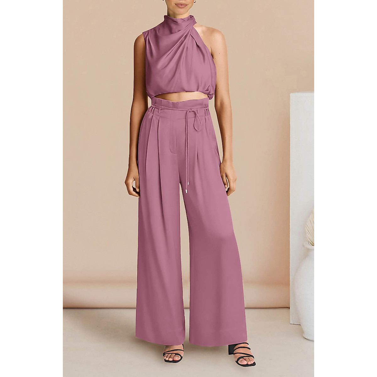 PRETTYGARDEN Women's 2 Piece Outfits 2025 Summer Casual Sleeveless Mock Neck Crop Tops Wide Leg Pants Set (Pink,X-Large)