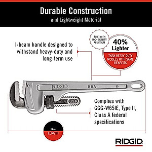 RIDGID 31095 Model 814 Aluminum Straight 14" Plumbing Pipe Wrench, Silver, Made in the USA
