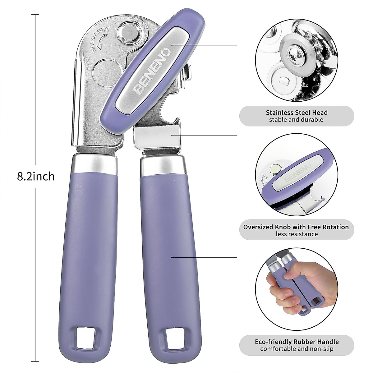 Can Opener Manual, Can Opener with Magnet, Hand Can Opener with Sharp Blade Smooth Edge, Handheld Can Openers with Big Effort-Saving Knob, Can Opener with Multifunctional Bottles Opener, Purple