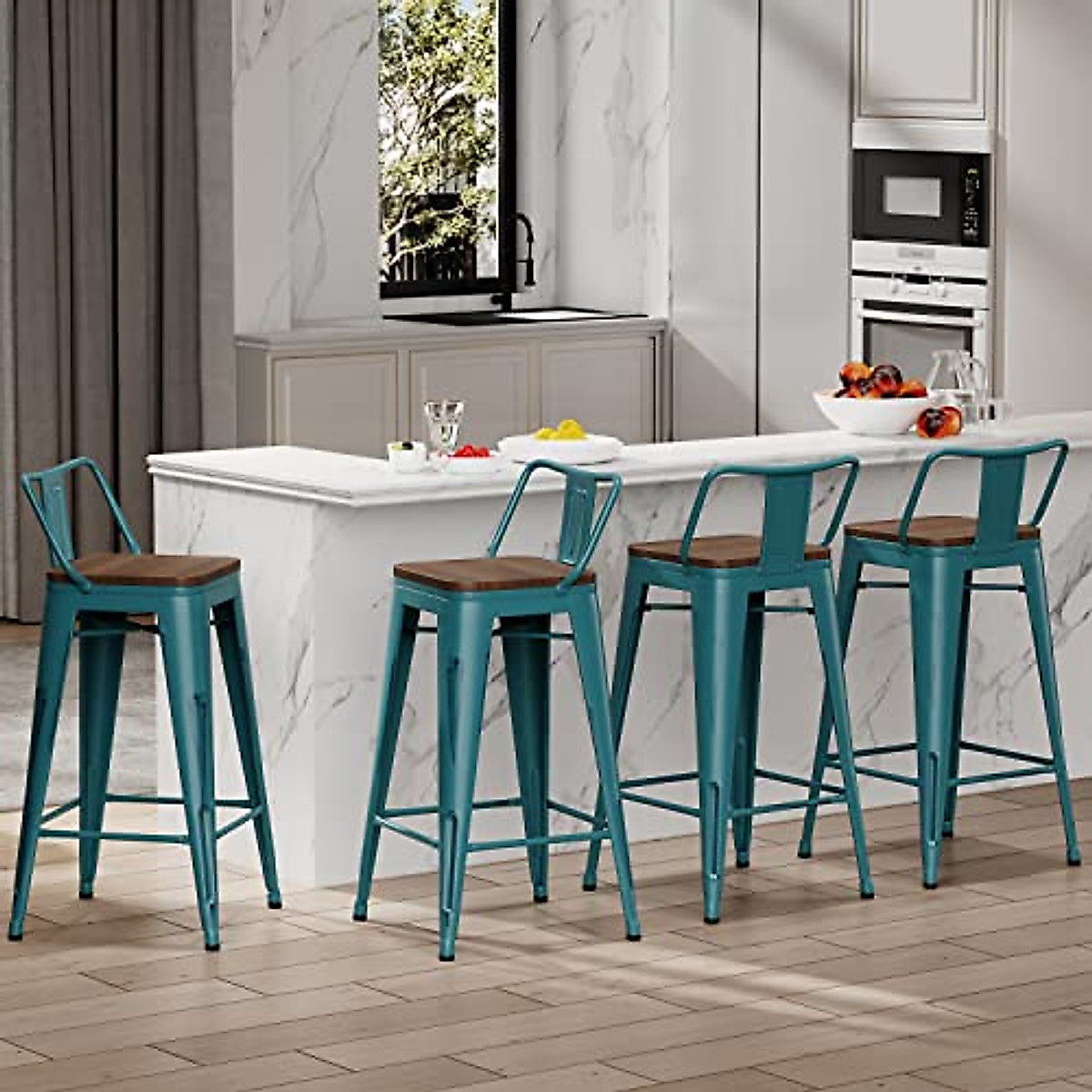 Alunaune 26" Metal Bar Stools Set of 4 Industrial Counter Height Barstools Kitchen Counter Stool Modern Wood Seat-Distressed Teal