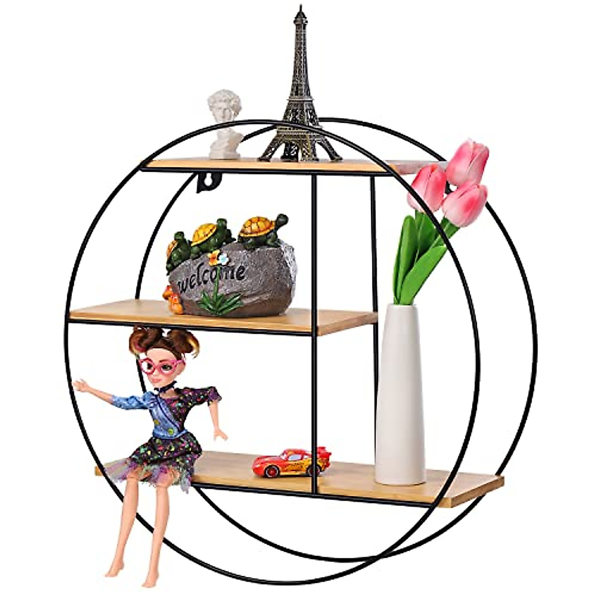 DEMSFIA Round Wall Floating Shelves, Circle Shelf 3 Tier Made from Metal and Bamboo, Decorative Wall Shelves, Super Easy Install, Black