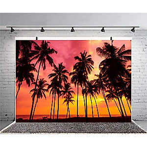 Sensfun 7x5ft Summer Seaside Sunset Photography Backdrop Vinyl Palm Trees Silhouettes on Tropical Beach Photo Background for Baby Shower Happy Birthday Party Children Photo Studio Props(WP125)