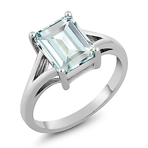 Gem Stone King 925 Sterling Silver Sky Blue Simulated Aquamarine Solitaire Engagement Ring For Women (2.30 Cttw, Emerald Cut 9X7MM, Gemstone Birthstone, Available in Size 5,6,7,8,9)