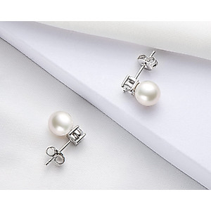 DENGGUANG Pearl Stud Earrings June Birthstone Freshwater Cultured 6.5mm Small White Pearl Drop Silver Earrings with Cubic Zirconia Jewelry Gifts for Women