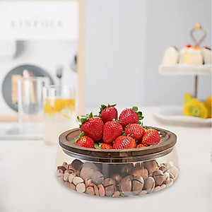 Glass Candy and Nuts Serving Container Rustic Salad Bowl with Wooden Lid Farmhouse Style Round Food Storage Platter Clear Storage Bowl for Home Kitchen Fruit Snack Vegetable Candy Nut, Brown