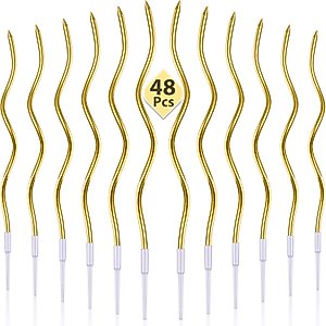 BBTO 48 Pieces Twisty Birthday Candles Spiral Cake Candles with Holders Metallic Cake Cupcake Candles Long Thin Curly Coil Cake Candles for Birthday, Wedding Party and Cake Decoration (Metallic Gold)