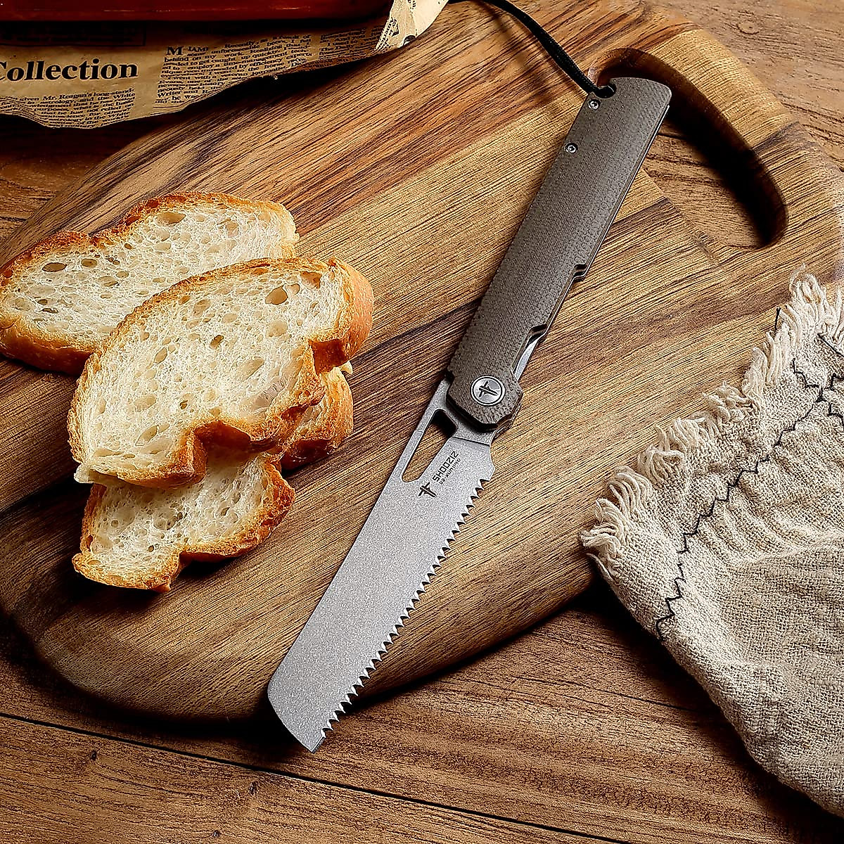 SHOOZIZ Folding Serrated Bread Knife - 3.8 Inch - XUN Series 119-D2 Steel - inen Mikta Handle - Japanese-style - Outdoor Camping - pocket knife