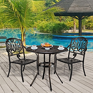 VINGLI 32" Outdoor Dining Table, Round Patio DiningTable with Umbrella Hole, Cast Aluminum Outdoor Bistro Table Outdoor Furniture Garden Table (Bronze, 32" Dia x 29 H) (Bronze)