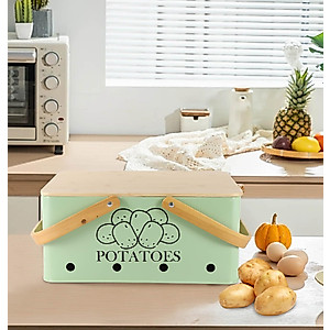 Xbopetda Potato Storage for Pantry, Metal Potato Storage Box with Bamboo Lid and Handle, Potato Bin Onion Storage with Aerating Holes, Kitchen Counter Organizer Container for Potato Onion Garlic-Green