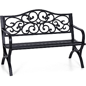 PHI VILLA 50-Inch Cast Iron Steel Frame Garden Bench Outdoor Patio Bench Chair w/Floral Design Backrest, Slatted Seat for Park, Yard & Porch, Black