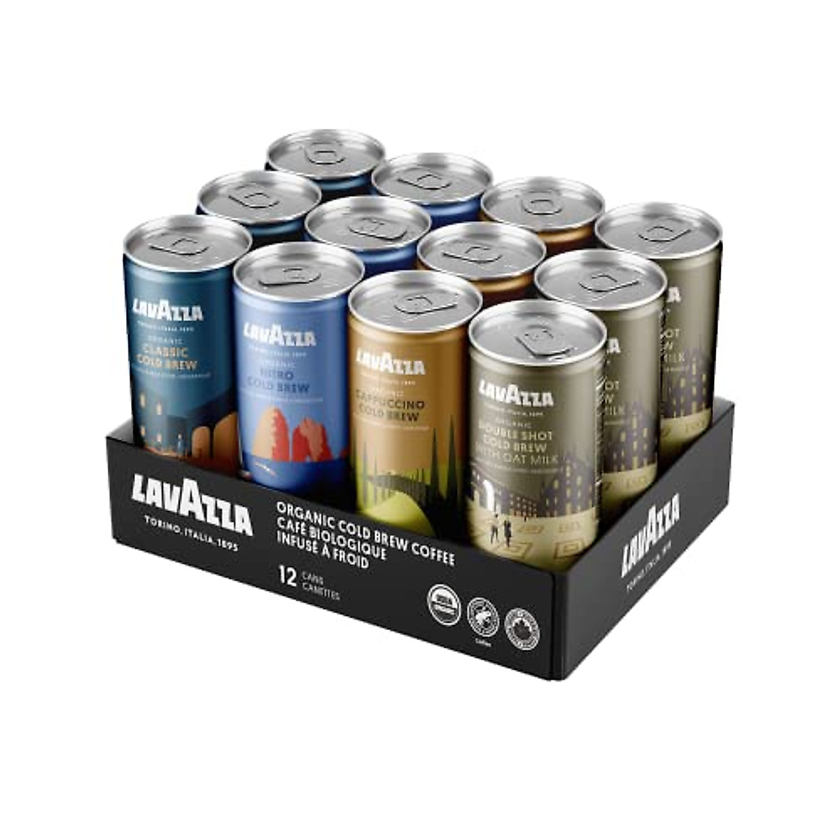 Lavazza Organic Cold Brew Coffee Variety Pack of 12 Count - Balanced, Complex, Smooth, Fruity, Sweet, Creamy, Medium and Dark Roast, 100% Arabica, USDA Organic and Rainforest Alliance Certified,1 Count(Pack of 12)