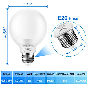 Marxlait 10 Pack Dimmable G25 Globe Light Bulbs LED, 6W=40W Replacement, Daylight White 5000K, E26 Medium Base, Ideal for Bathroom Vanity, Makeup Mirror or Sputnik Light, 120V, Round Light Bulbs