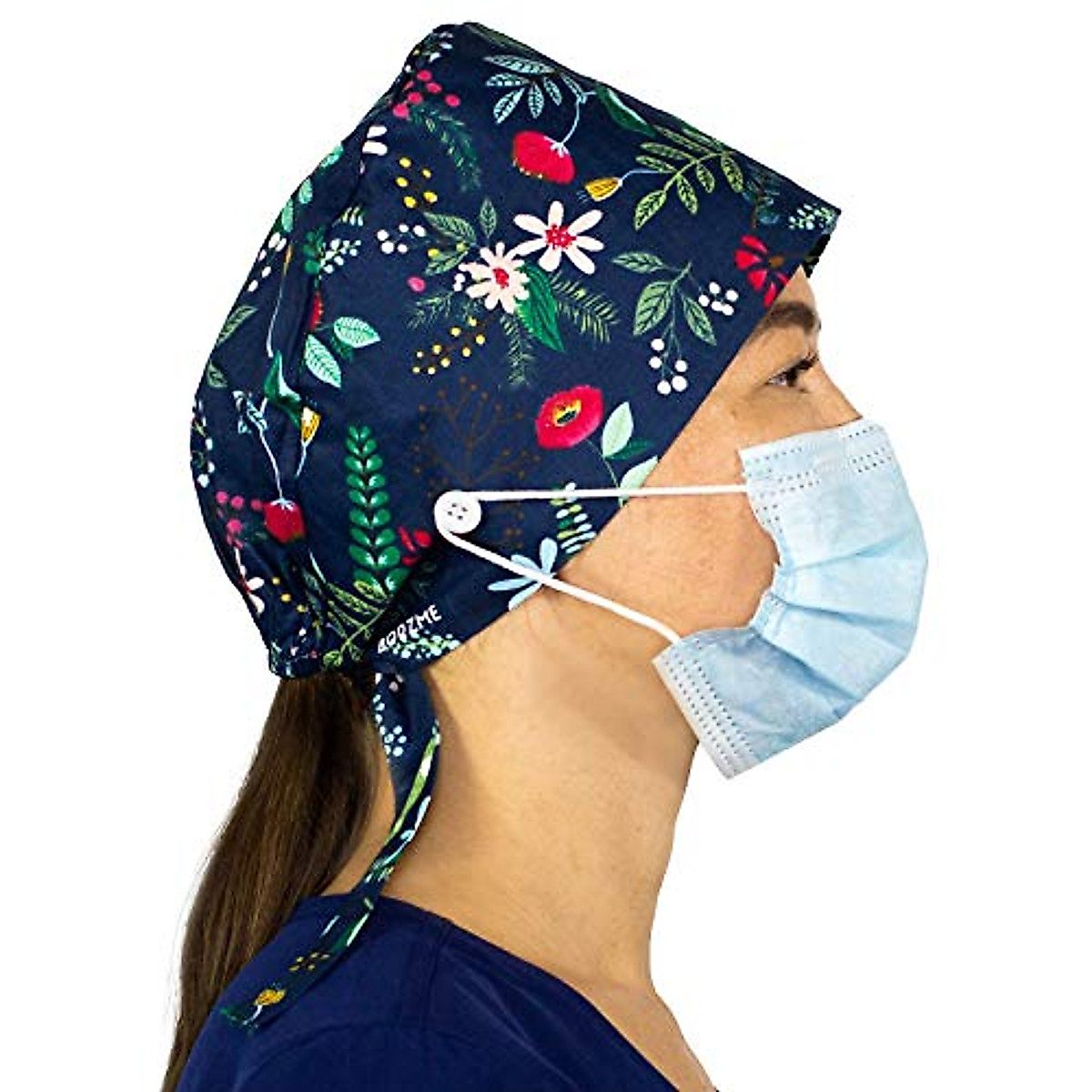 Working Cap with Button and Sweatband Adjustable Tie Back Bouffant Hats Printed Multi Color for Woman Man