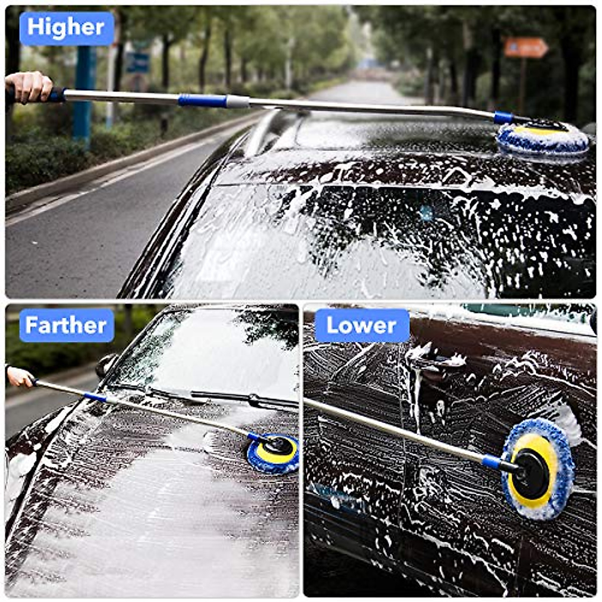 66'' Car Wash Brush with Long Handle, Chenille Microfiber Soft Car Wash Mop Cleaning Tool Kit with 15° Labor-saving Elbow Extension Stainless Steel Pole & Replacement Head for Clean RV SUV Truck House