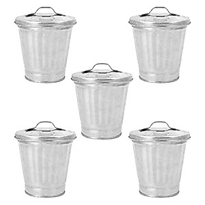 DOITOOL 5Pcs Galvanized Trash Can with Lid Mini Desktop Wastebasket Metal Garbage Bin Pen Holder Flowerpot Metal Utility Pail Small Buckets Organizer Kitchen Countertop Trash Containers