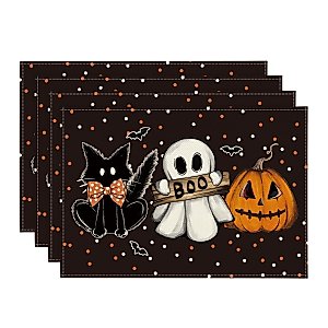 Artoid Mode Polka Dot Ghost Pumpkin Cat Boo Halloween Placemats Set of 4, 12x18 Inch Seasonal Fall Table Mats for Party Kitchen Dining Decoration