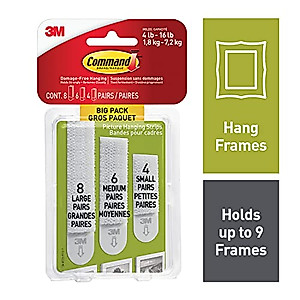 3M Command Picture Hanging Strips Big Pack, Removable, (4) Small, (6) Medium, (8) Large, White, 18 Pairs/Pack